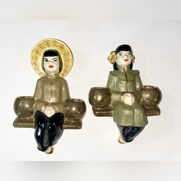 Art | Vintage Set Of Two Weil Ware Pottery Wall Vase Asian Geisha 8 9 ...
